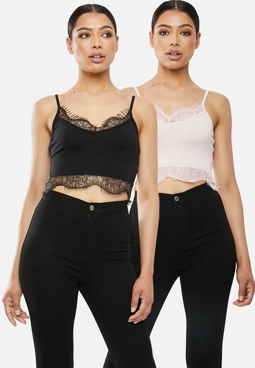 2 pack v-neck lace trim bralette - black & pink