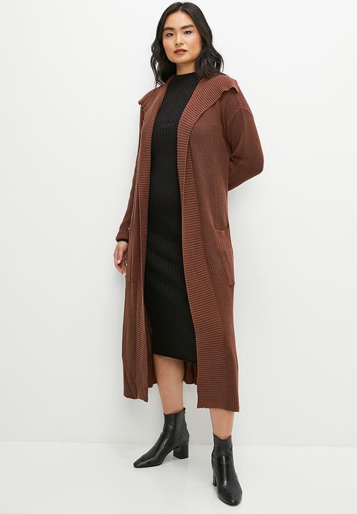 Ribbed collar coatigan - chocolate brown