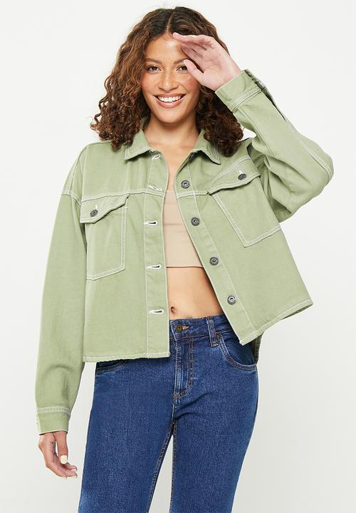 Boxy cropped denim shacket - soft green