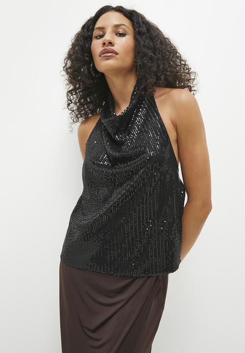 sequin cowl drapey top - black