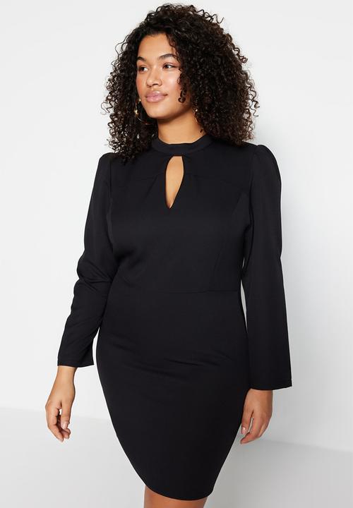 Plus Size Collar Decollete Unlined Long Sleeve Bodycone Mini Woven ...