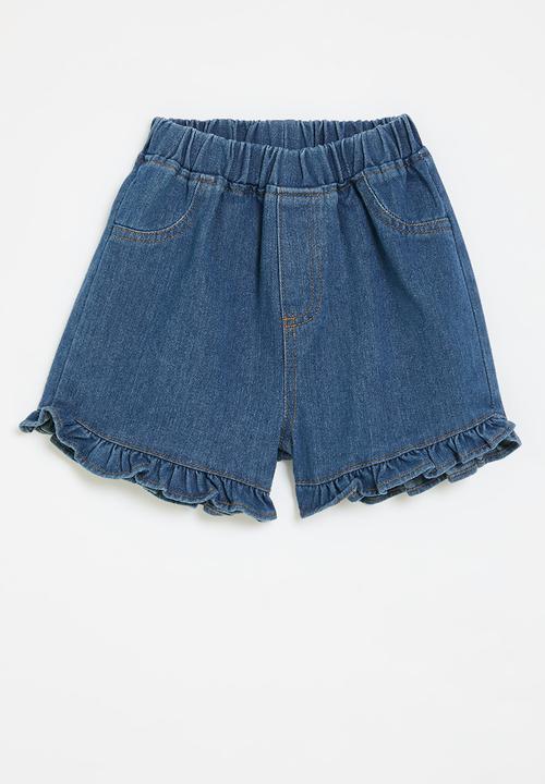 Frilled hem denim shorts-dark blue
