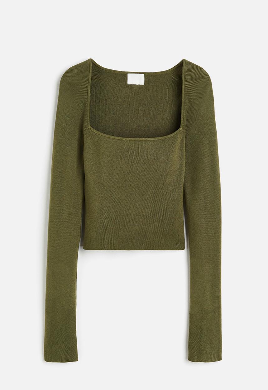 Square-neck cropped top - Dark khaki green - 1189031001