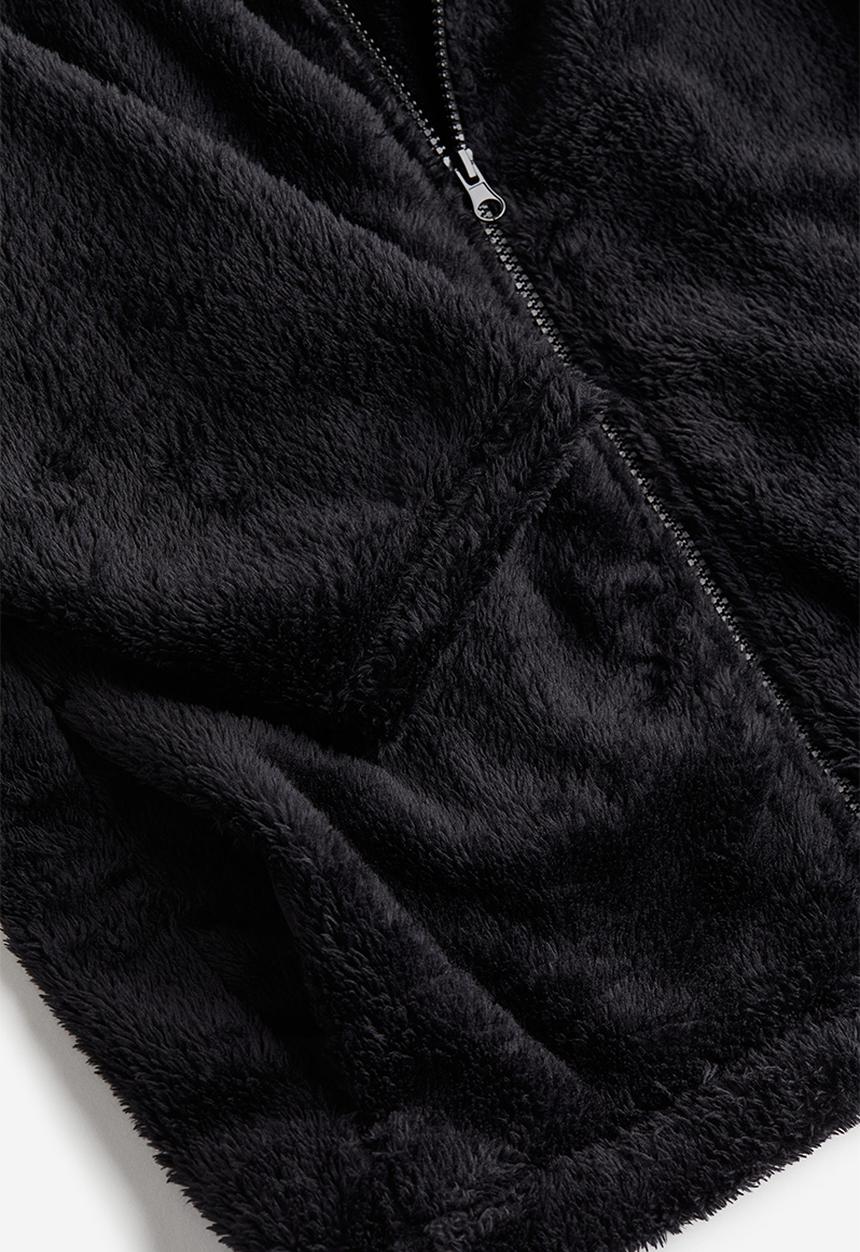 Loose fit zip-through teddy top - black - 1207407002