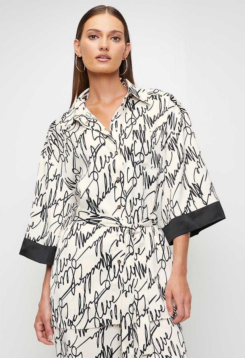 Ladies nyla kimono shirt with belt - white