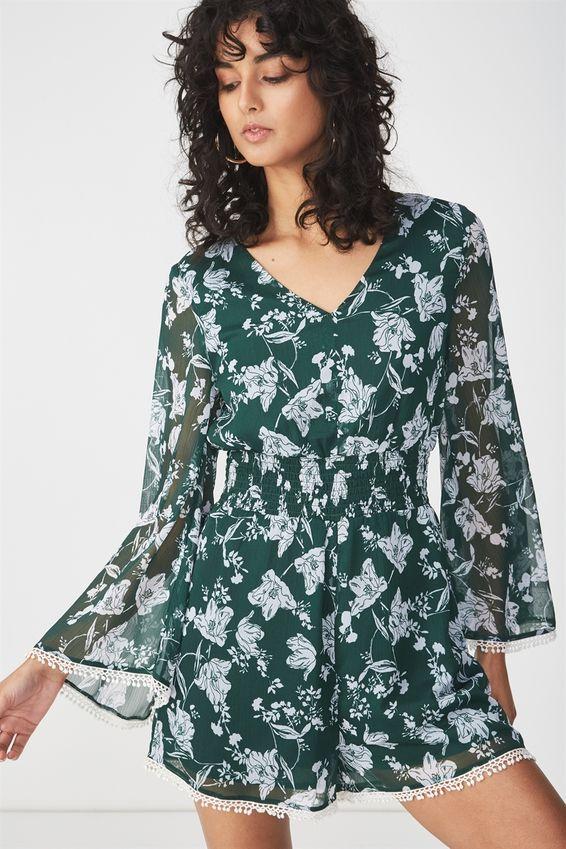 Woven laurie long sleeve playsuit - green