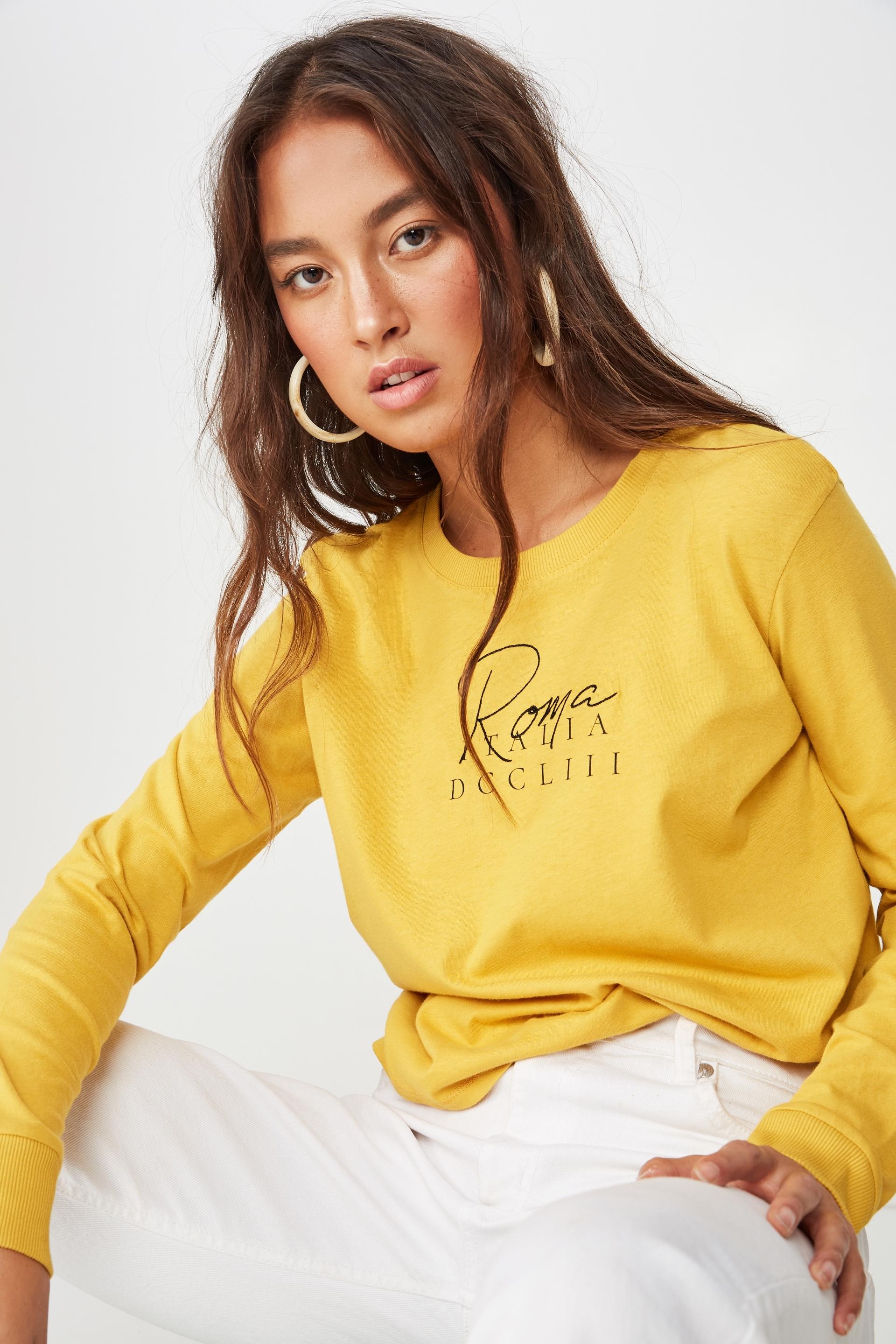 Classic Slogan Long Sleeve Tee Pollen Yellow Cotton On T Shirts