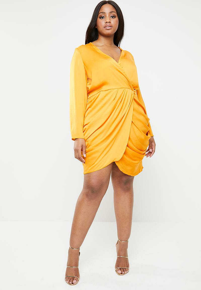 Curve Satin Wrap Over Ruched Side Dress Mustard Missguided Dresses