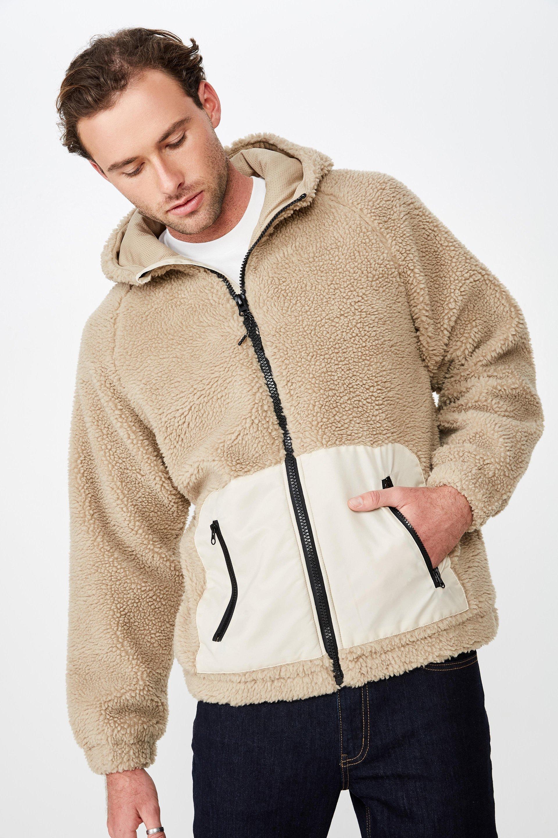 Hooded teddy zip through jacket - stone