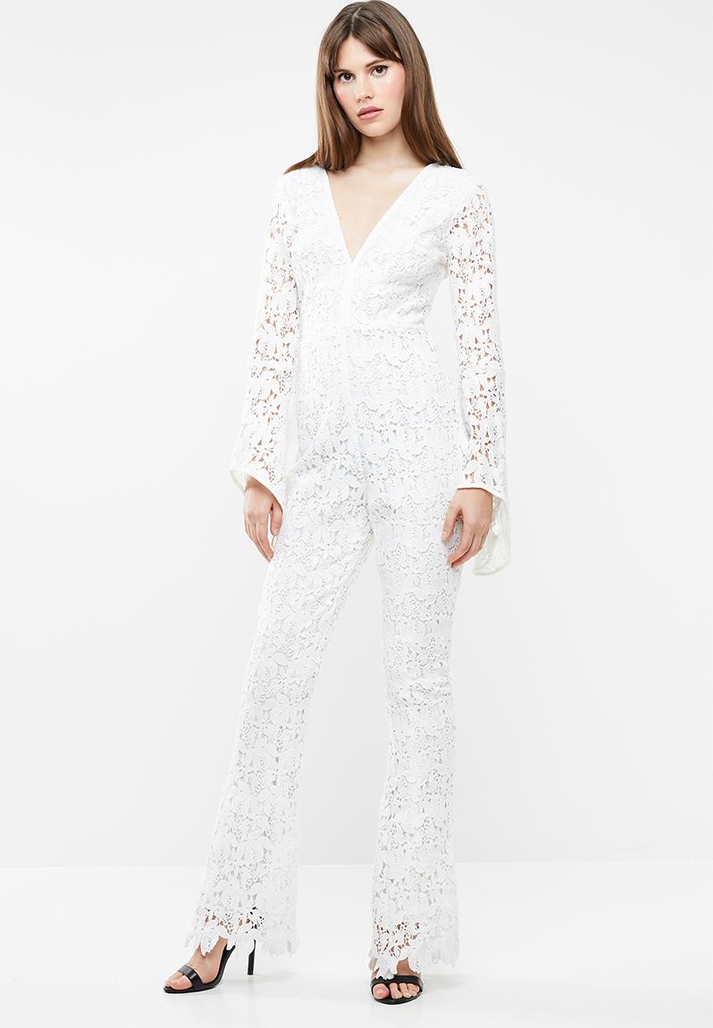 Lace Long Sleeved V Neckline Jumpsuit White Missguided Jumpsuits