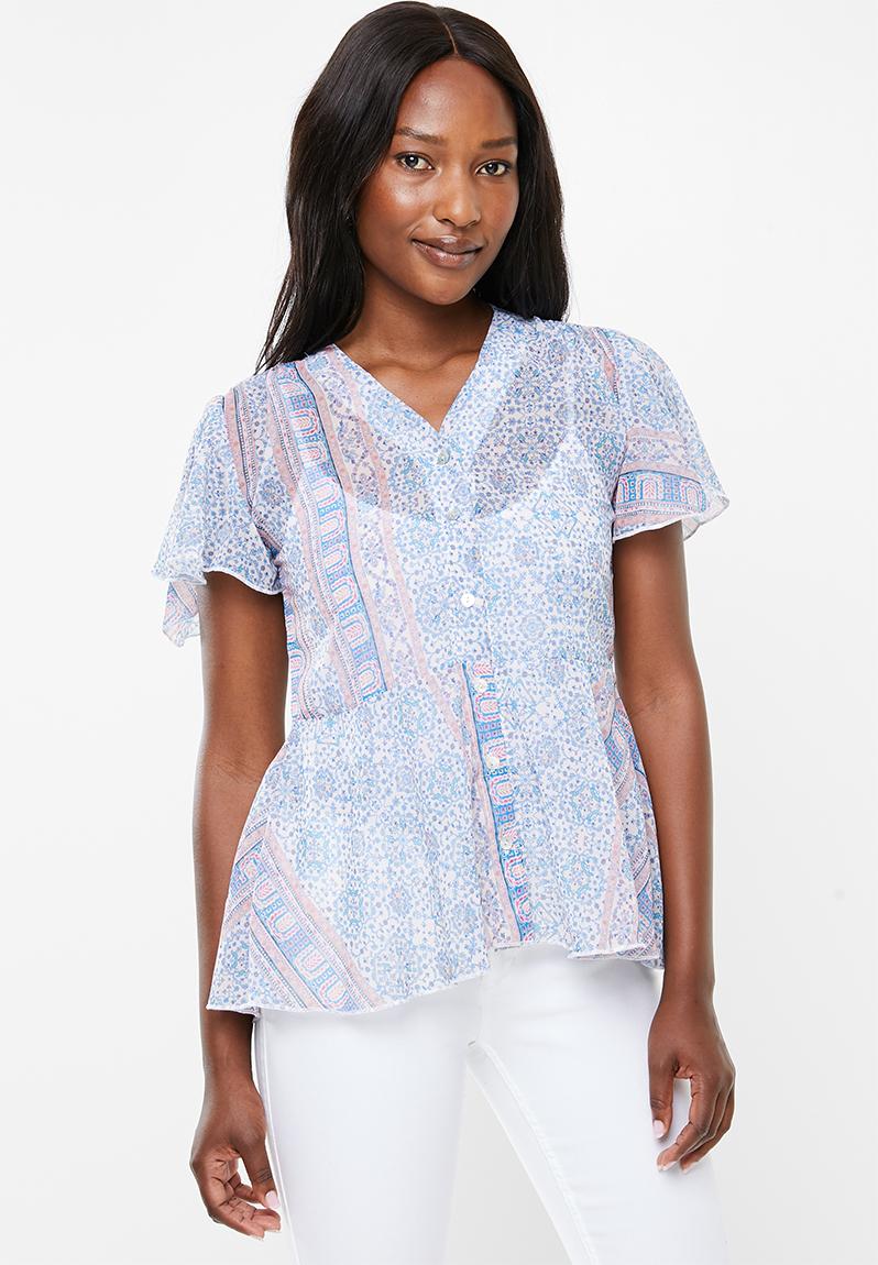Flutter Sleeve Button Down Blouse Tile Print Edit Blouses