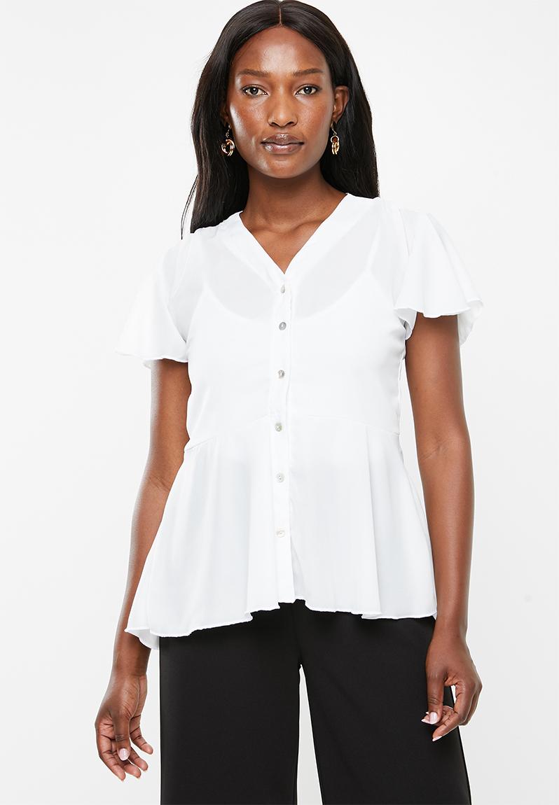 Flutter Sleeve Button Down Blouse Milk White Edit Blouses