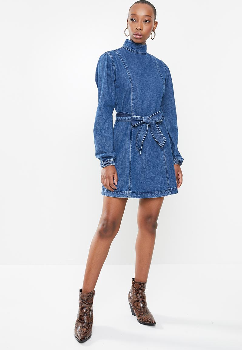 High neck denim dress - stone wash