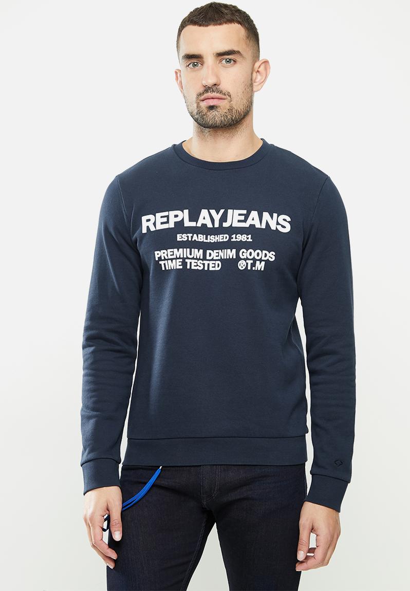 Replay jean logo crew fleece - navy Replay Hoodies & Sweats ...