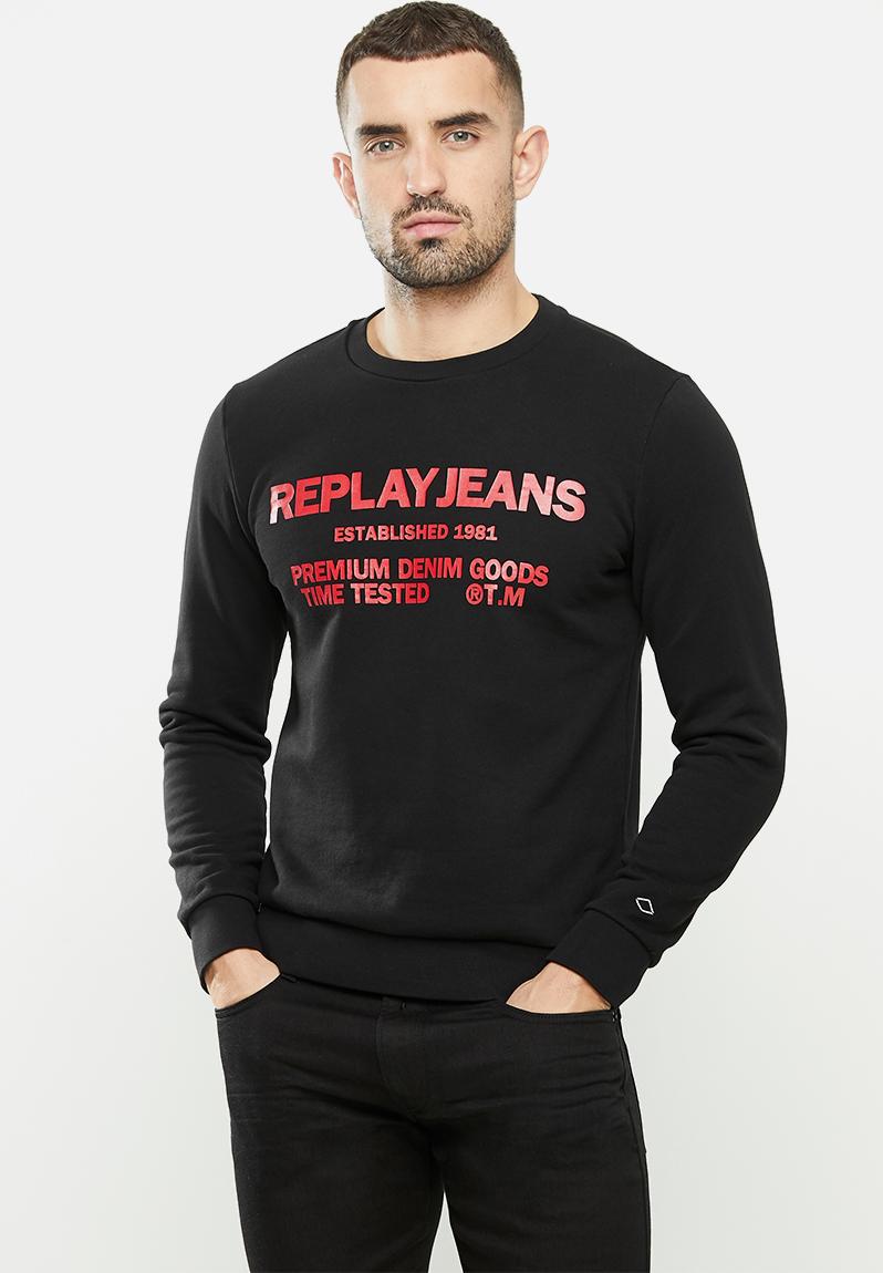 Replay jean logo crew fleece - black Replay Hoodies & Sweats ...