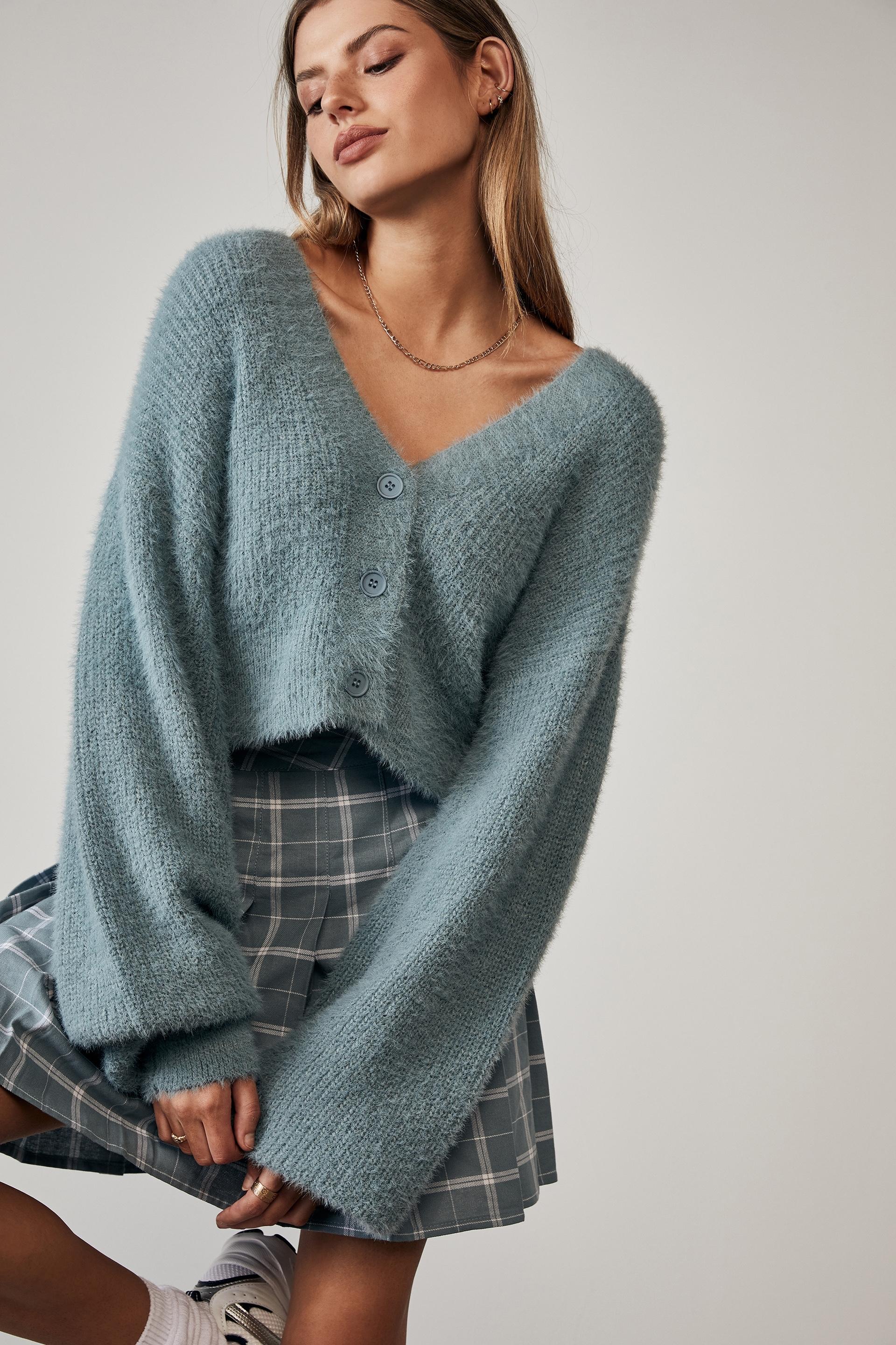 Fluffy knit boxy crop cardi - petrol blue Factorie Knitwear ...