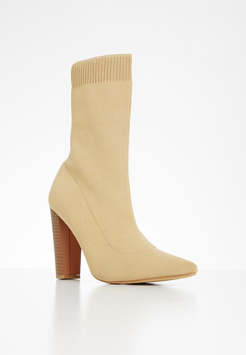 Stacked heel knitted pointed toe ankle boot - beige Missguided Boots ...