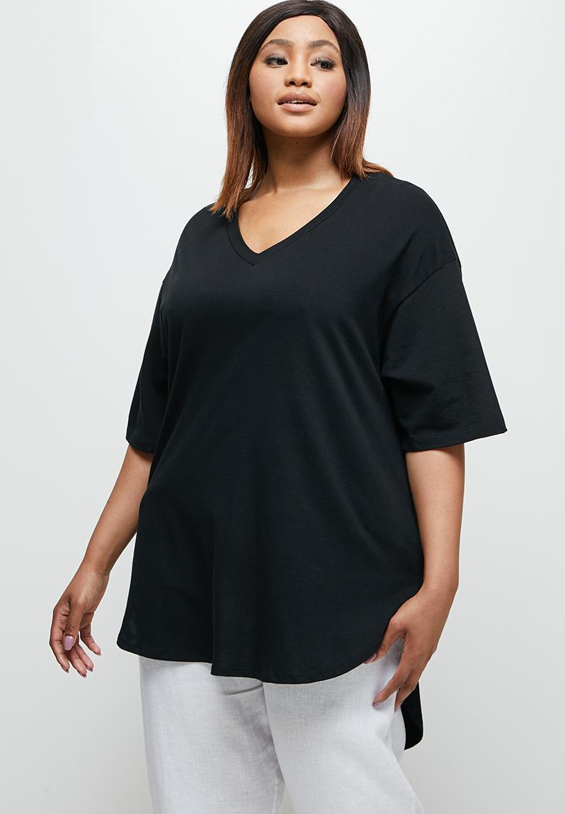 Ss v-neck stepped hem tee - black