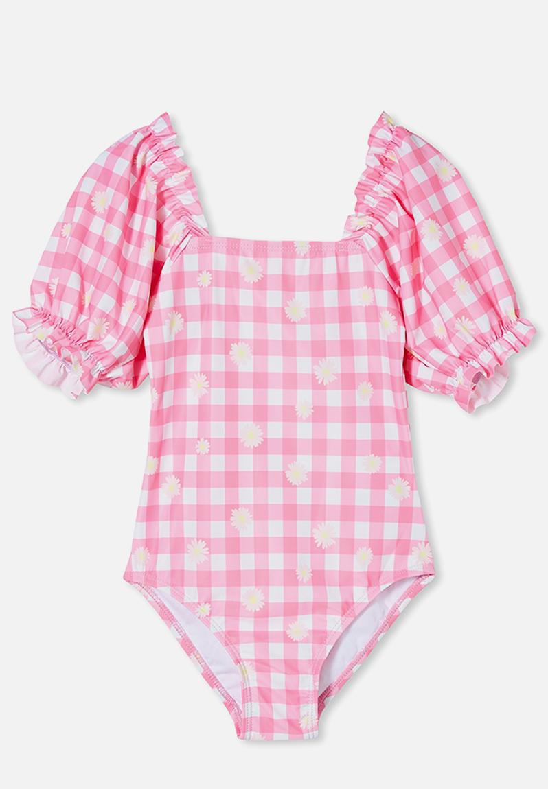 Paige puff sleeve one piece - pink punch/gingham daisy