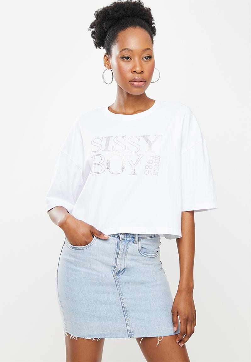 Boxy oversized top with short sleeves and bling logo - white SISSY BOY ...