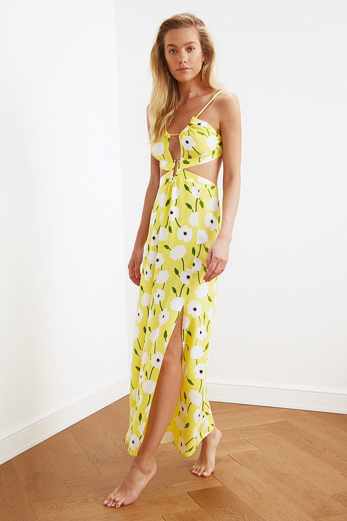 Floral pattern beach dress - yellow Trendyol Kaftans & Cover Ups ...