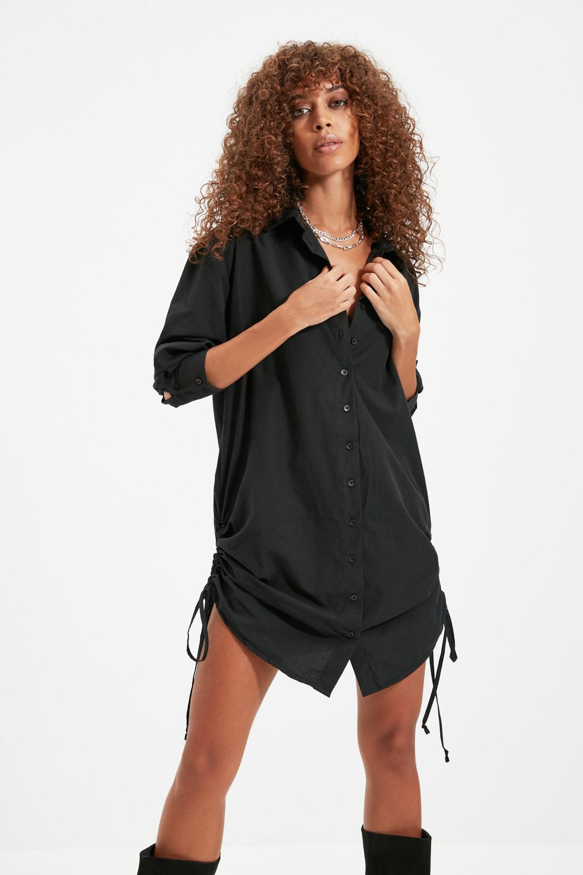Drawstring detailed shirt dress - black