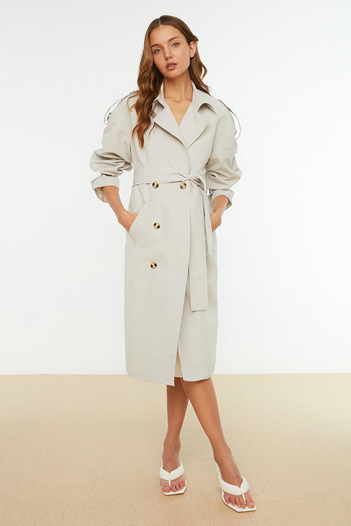 Belted long trench coat - beige