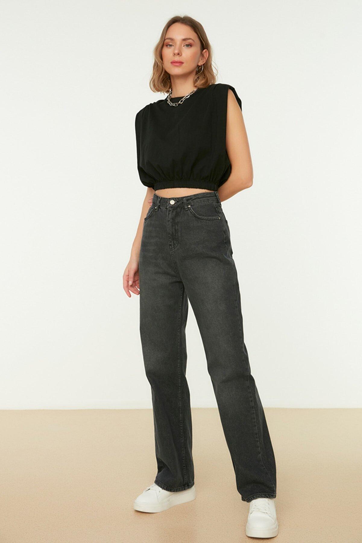 High waist 90's wide leg jeans - anthracite Trendyol Jeans ...