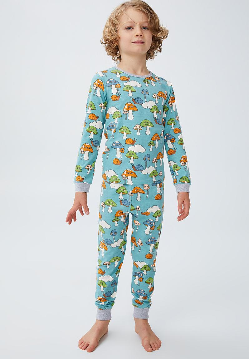 Orlando long sleeve pyjama set - rusty aqua mushroom faces