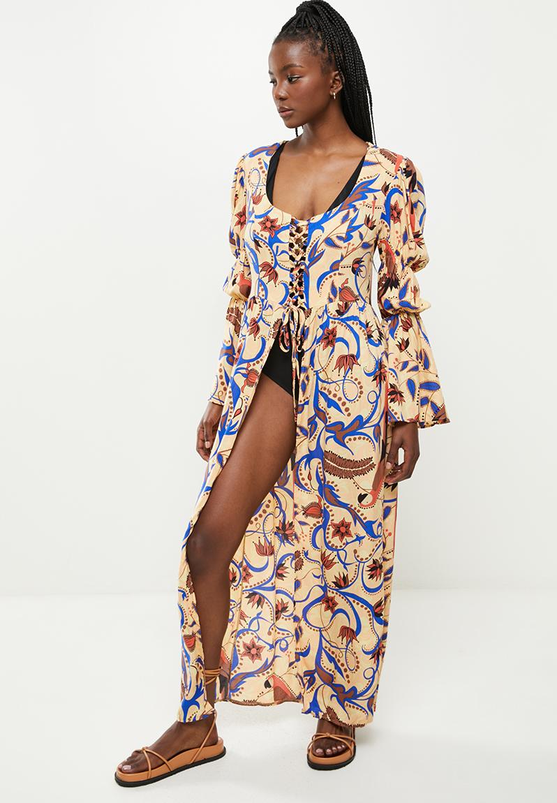 Floral patterned tie long beach dress - multi Trendyol Kaftans & Cover ...