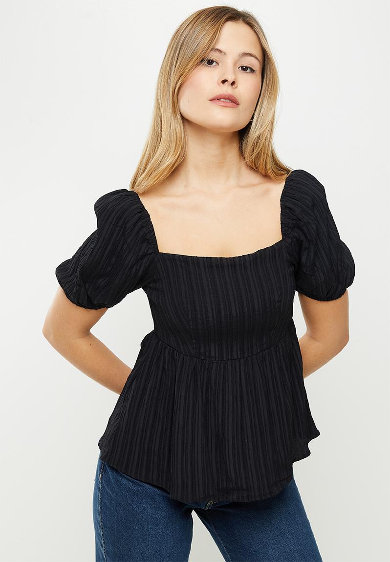 Textured short sleeve blouse - black