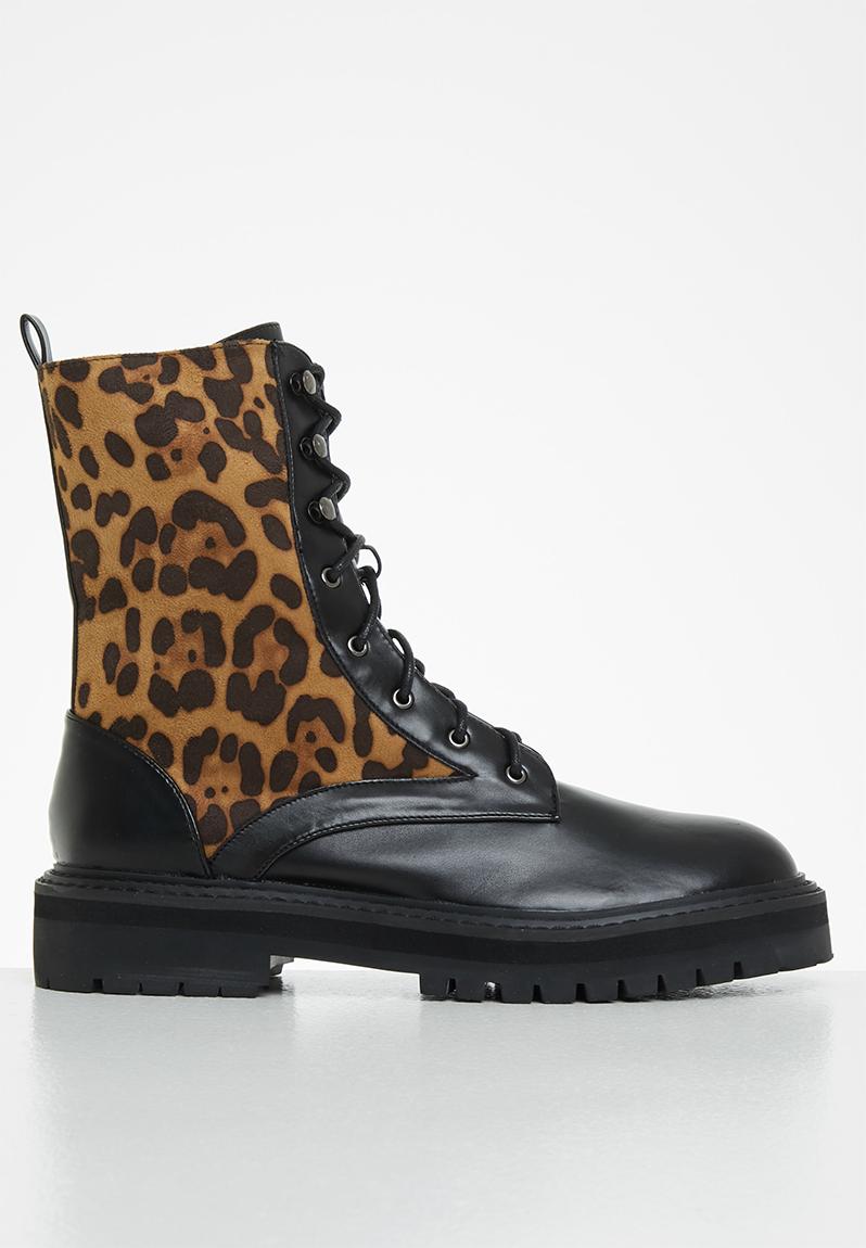 Natasha lace-up combat boot - black / leopard