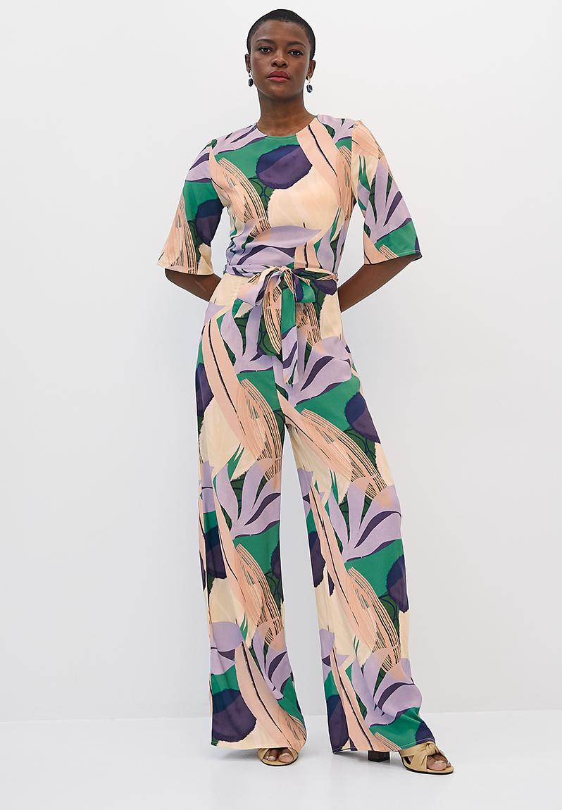 Boxy shell belted jumpsuit - blues bold abstract
