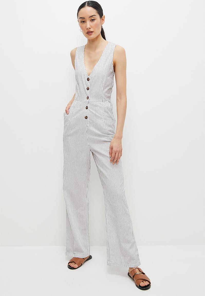 V-neck button down jumpsuit - brown and white stripe edit Jumpsuits ...