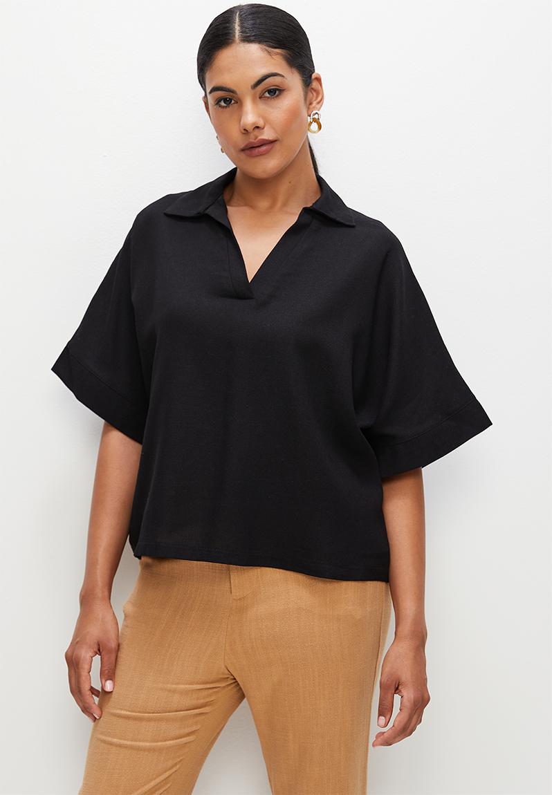 Collared boxy linen shell - black