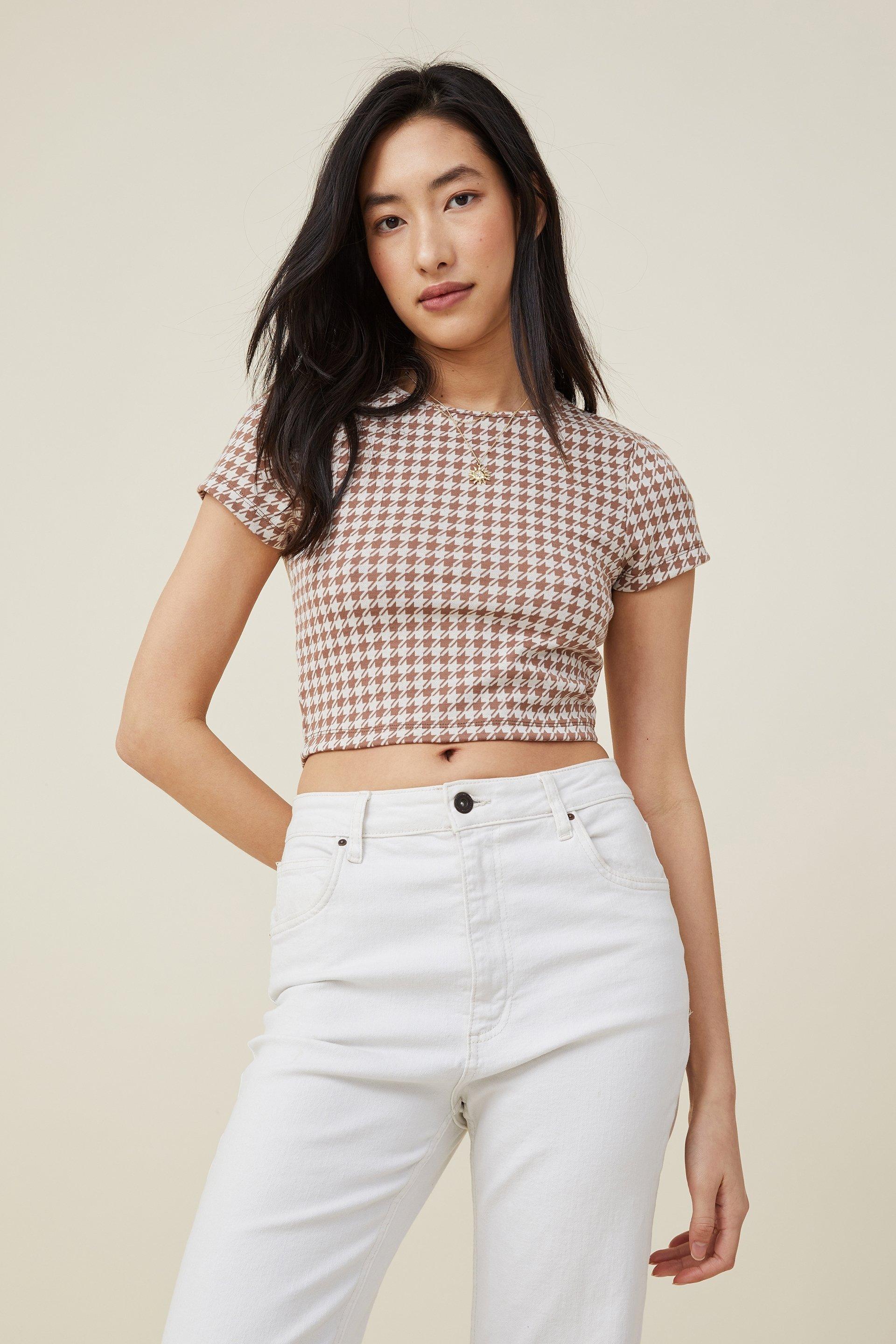 Ebony crew neck tee - cocoa bean/dove grey houndstooth Cotton On T ...