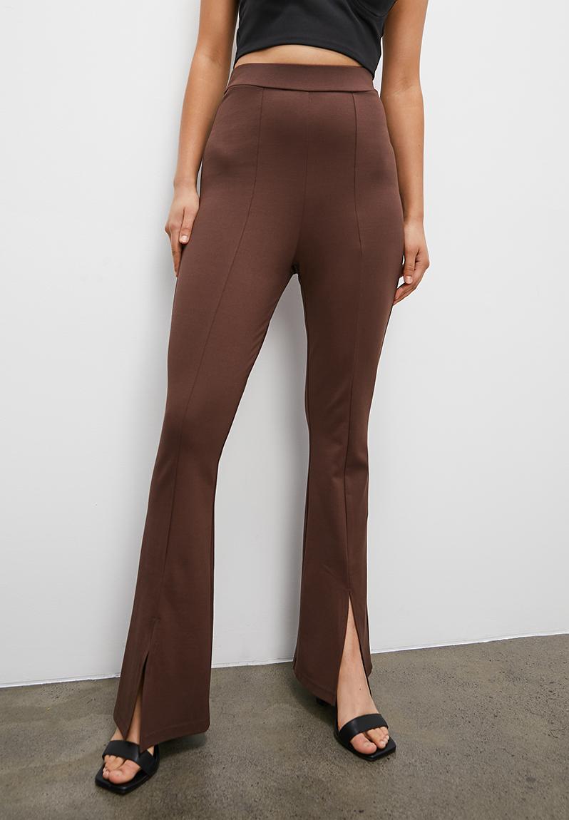 High waist pull on front slit trouser - choc