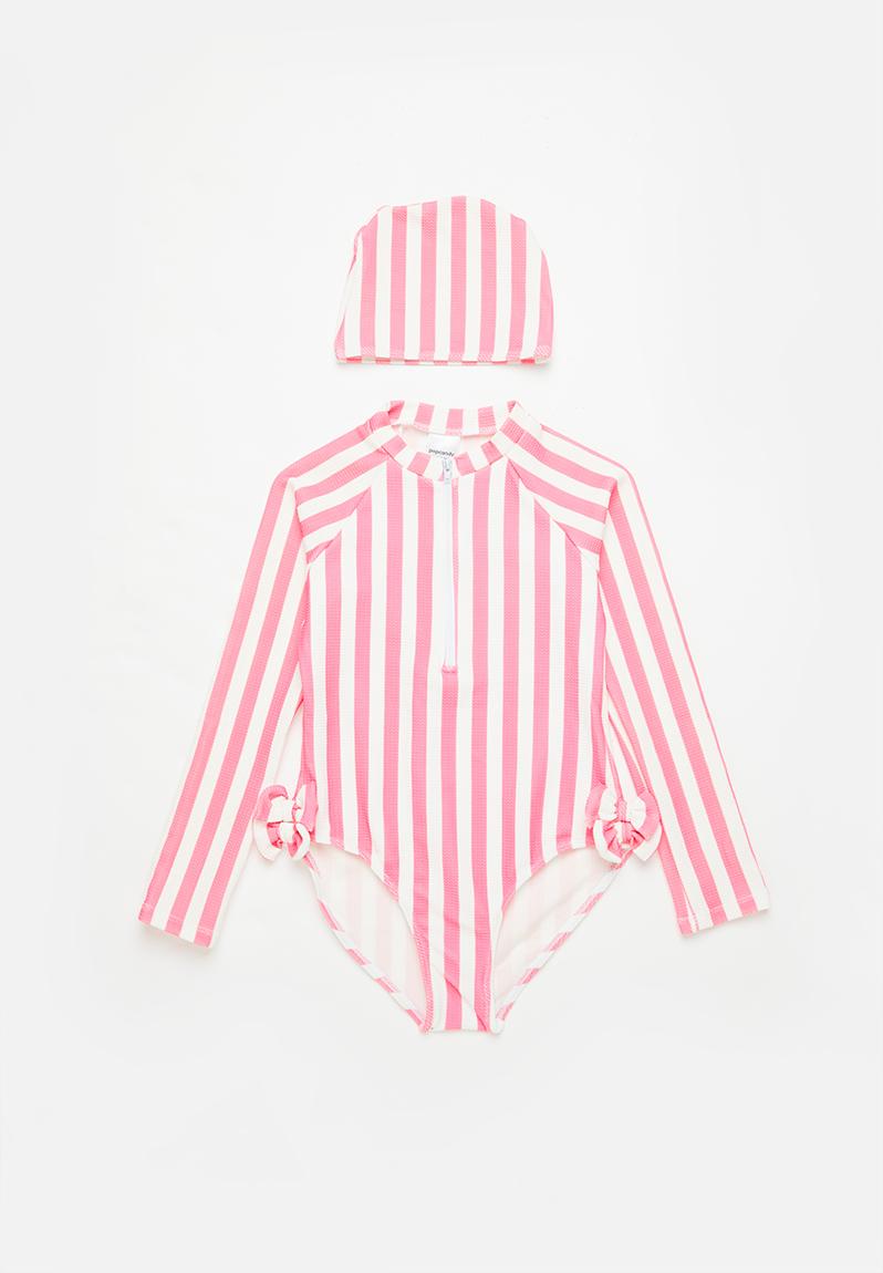 Girls stripe swimsuit with zip - pink