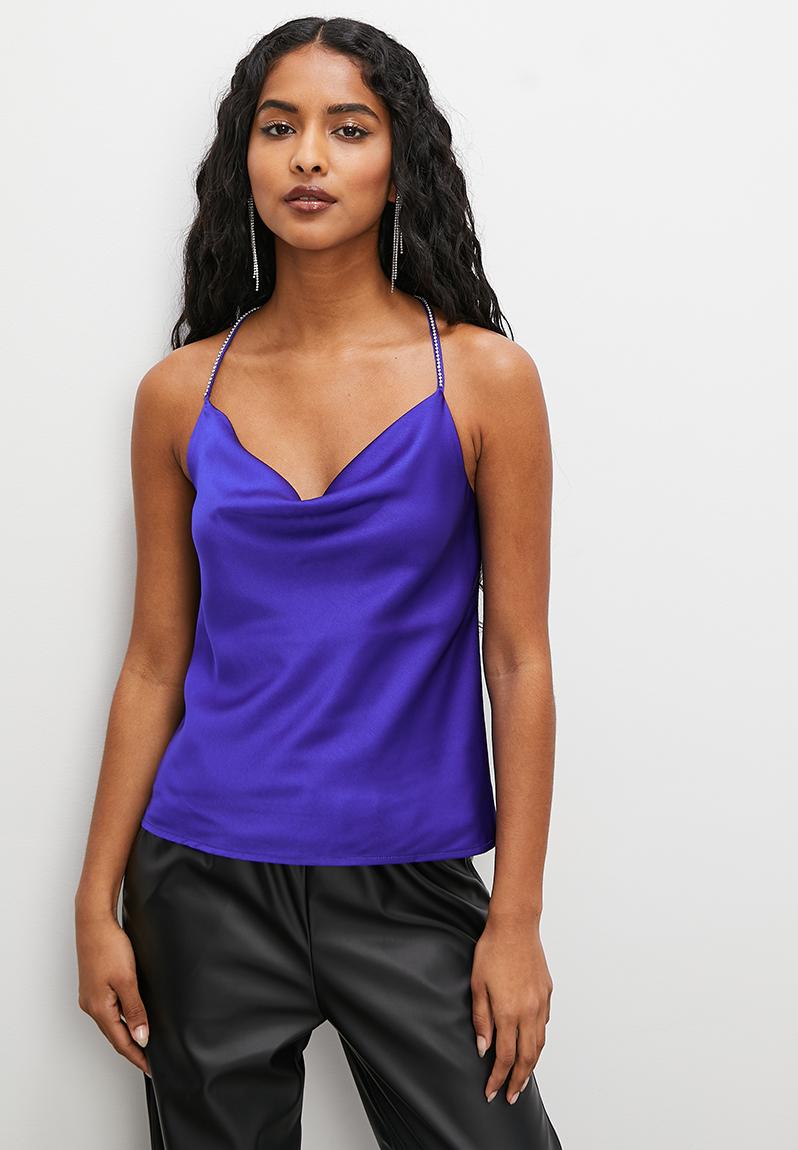 Satin cowl cami with embellished straps - cobalt