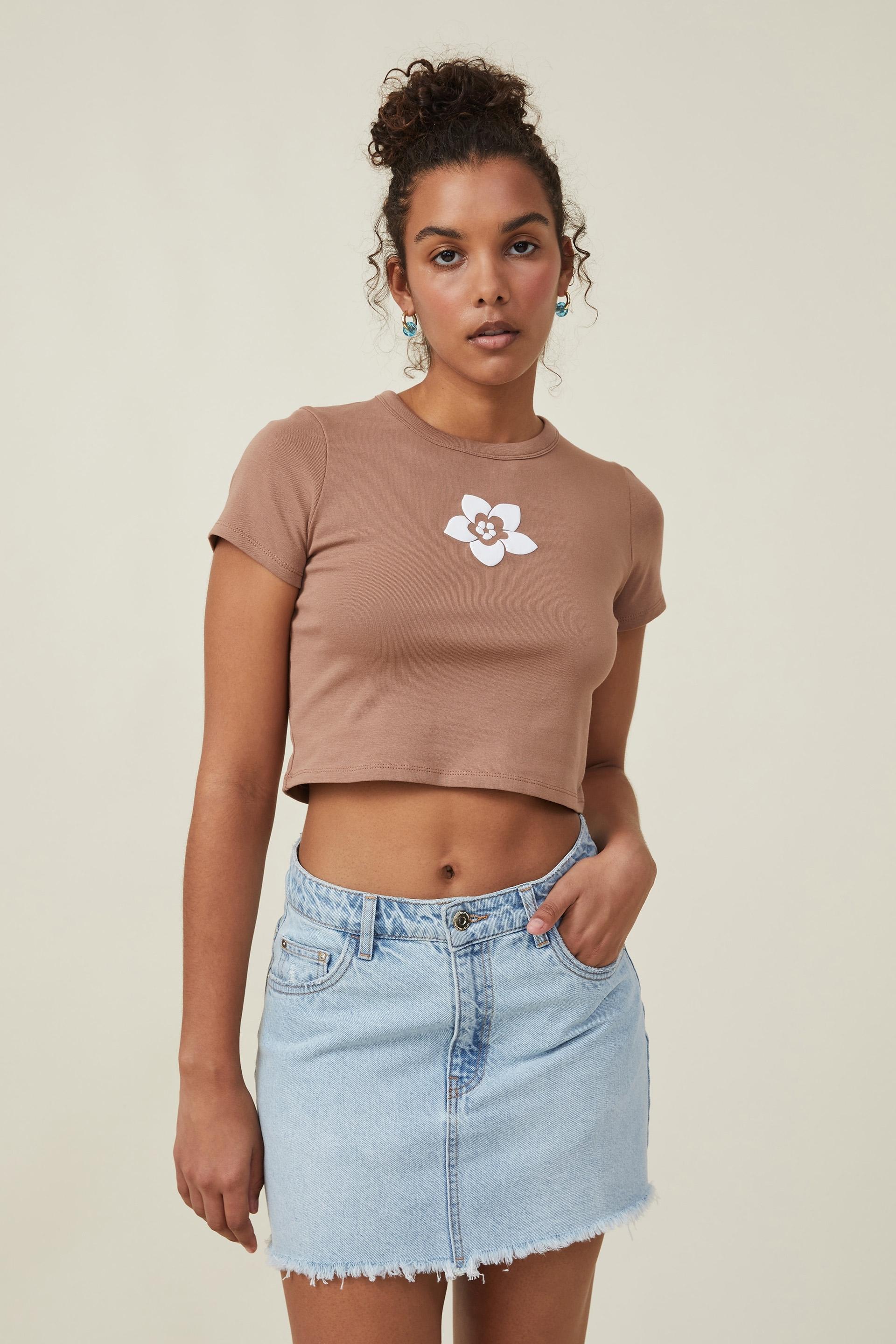 Micro fit rib graphic tee - flower/russet brown Cotton On T-Shirts ...