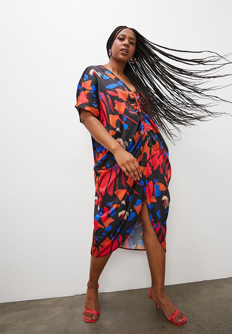 Printed satin kaftan dress with front drawstring detail - large scale ...