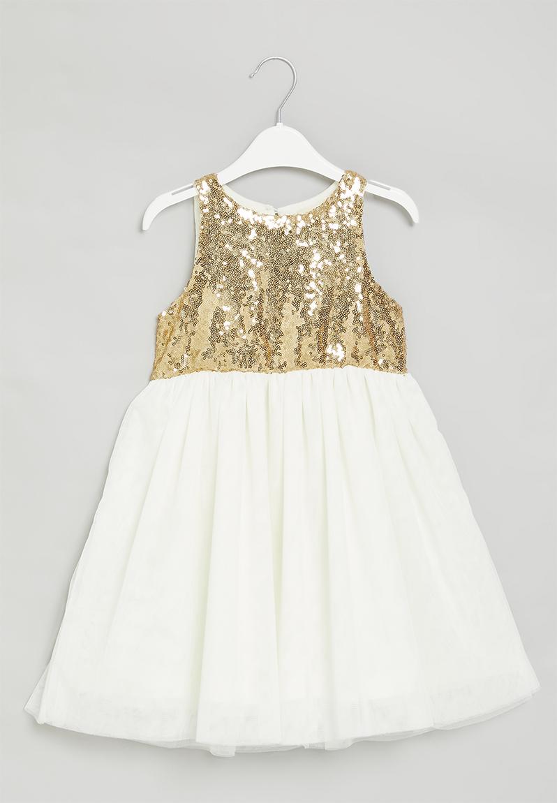 Girls tulle combo dress - gold/ivory