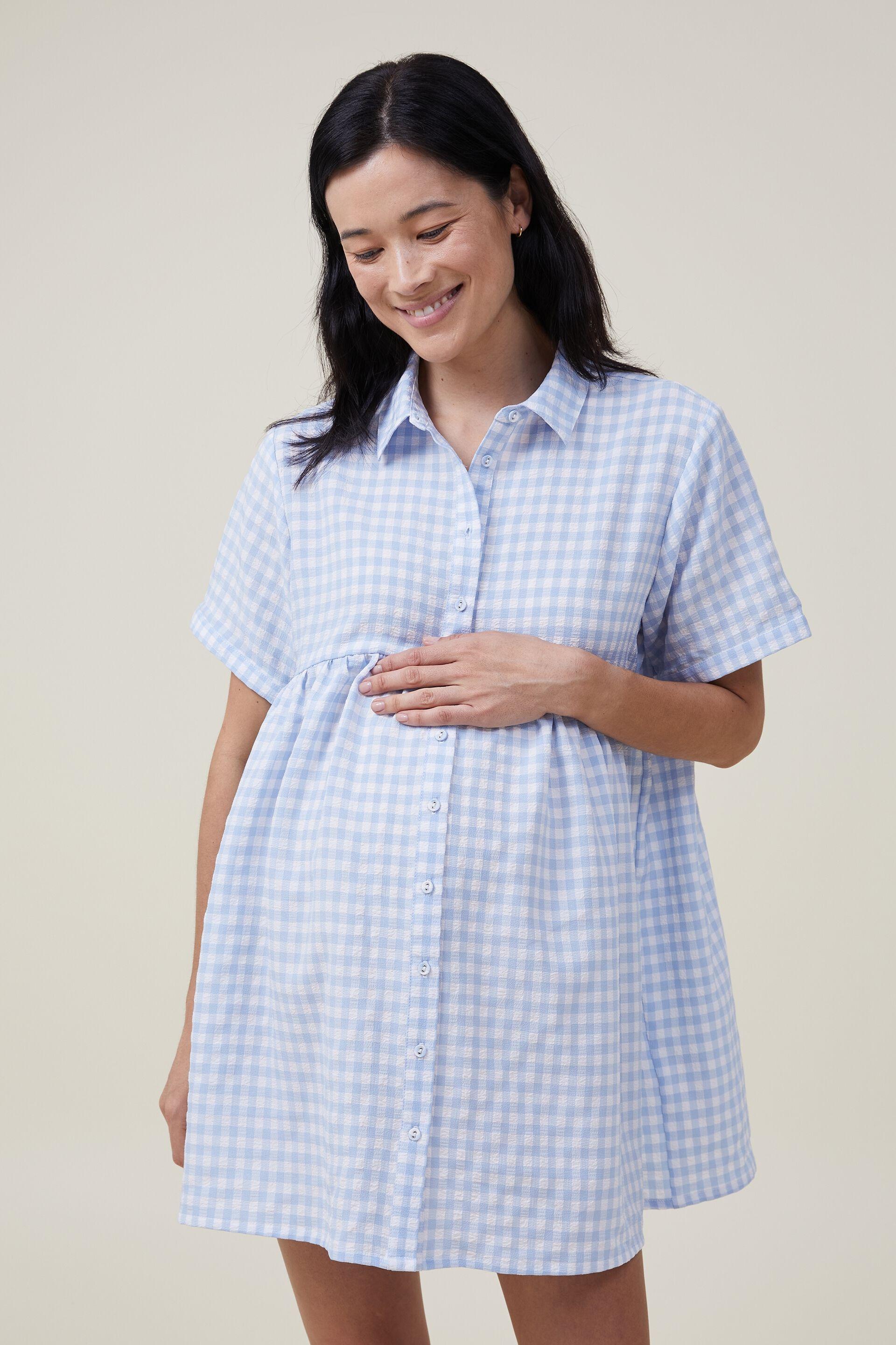 Maternity short sleeve mini dress - ginny gingham soft blue