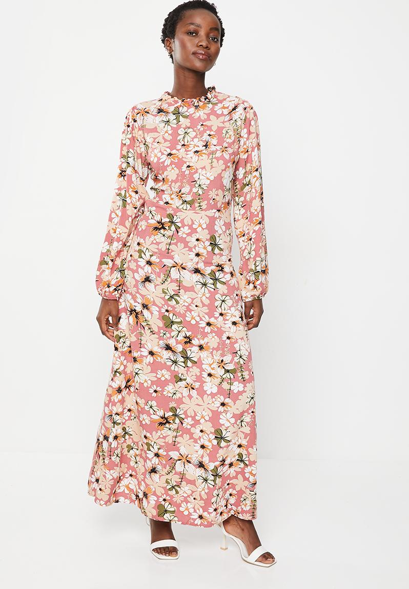 Floral patterned dress with frill neckline - beige