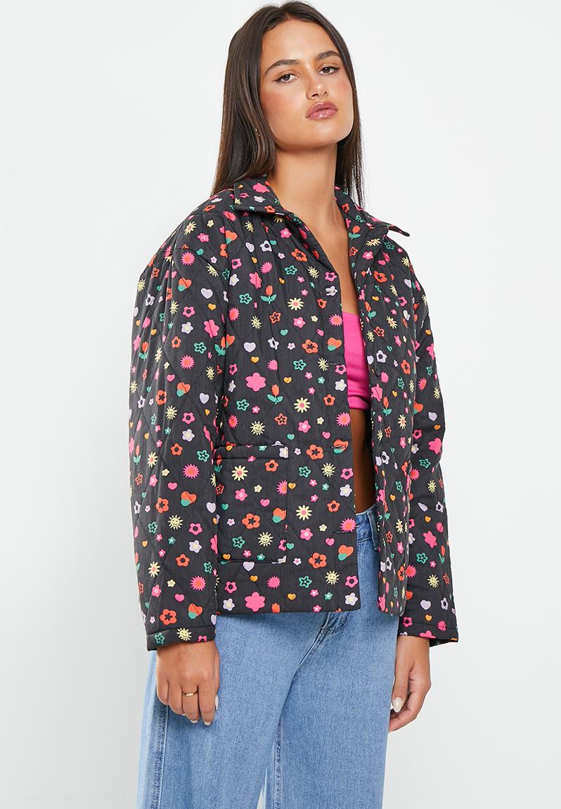 Sticker print quilted collared coat - black multi Daisy Street Jackets ...