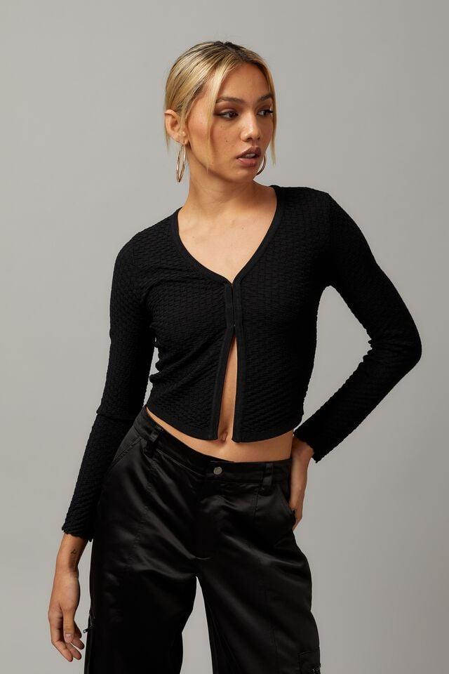 Long sleeve clasp front knit top - black Factorie Knitwear ...