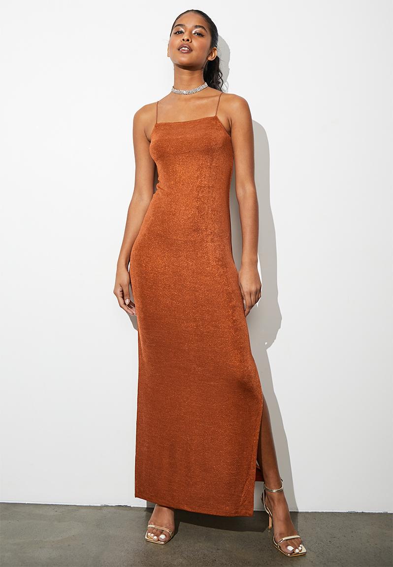 Strappy bijou column midi dress with side slits - copper VELVET Casual ...