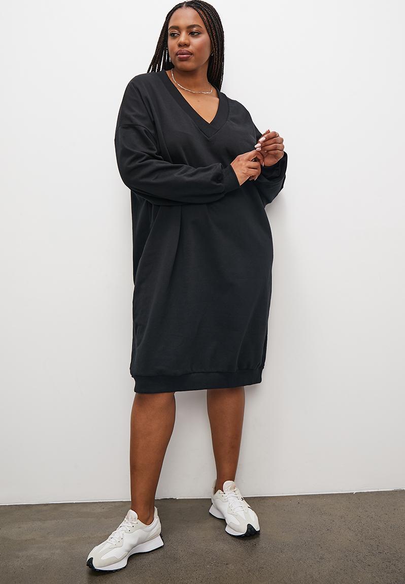 Crossover v-neck sweat dress - black