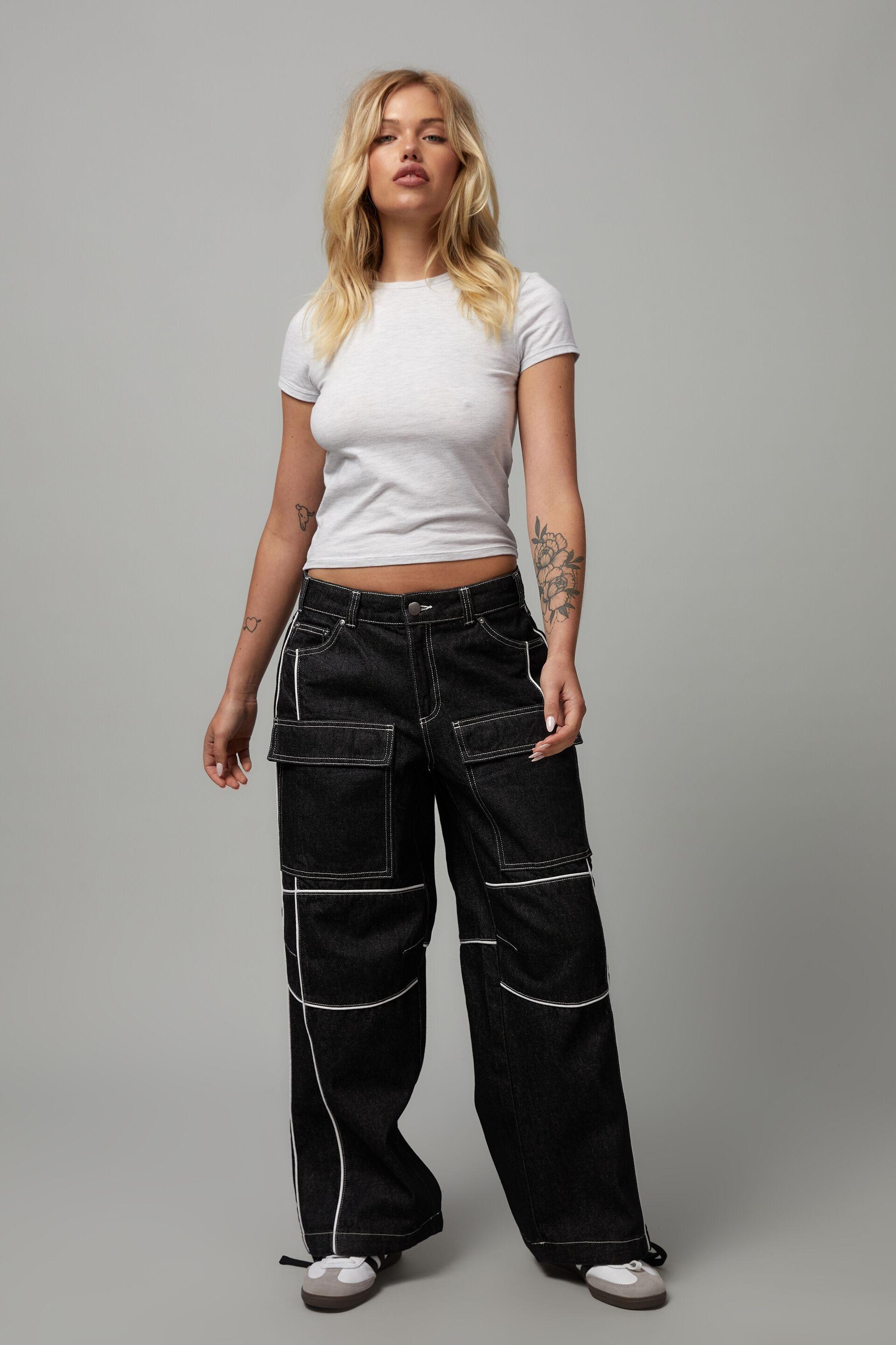 Hype front pocket jean - washed black/white piping