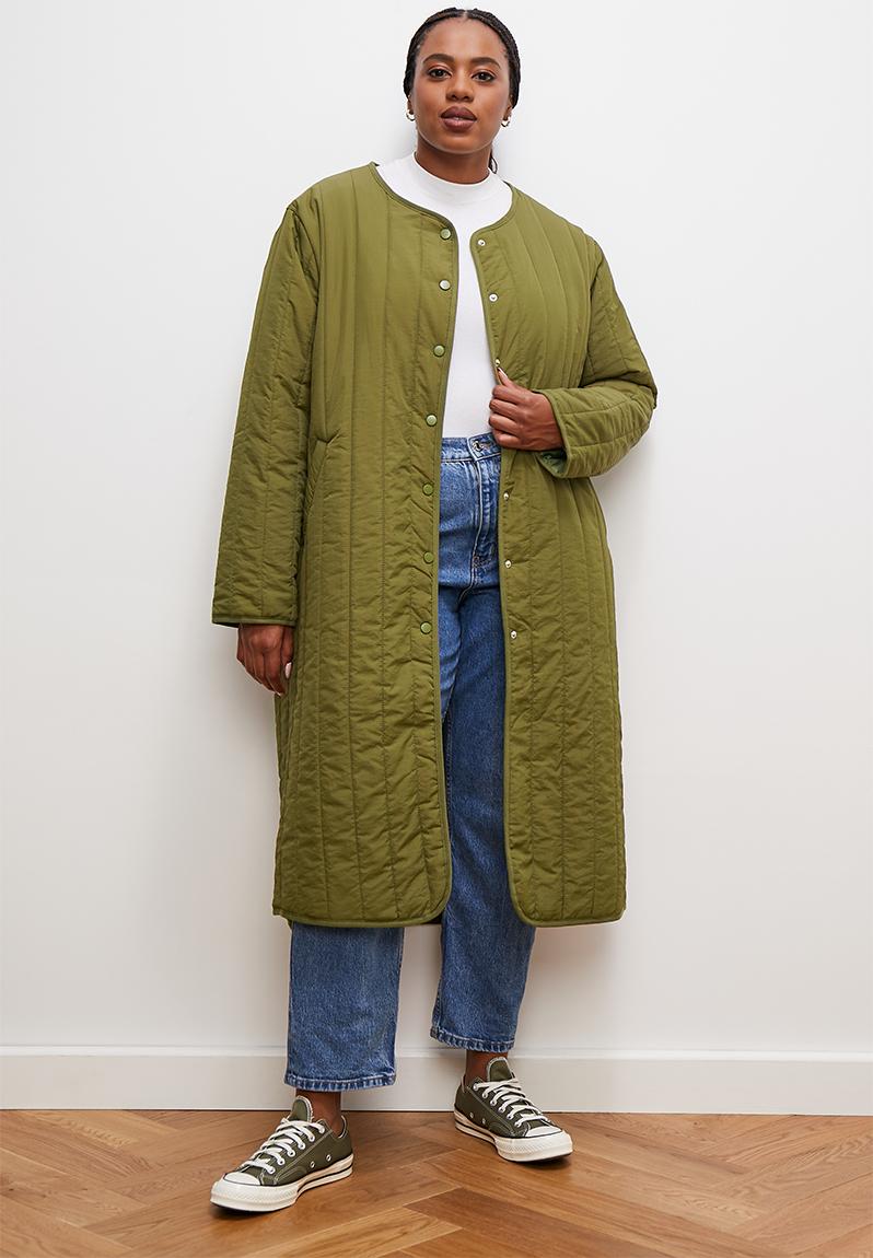 Collarless puffer coat - olive